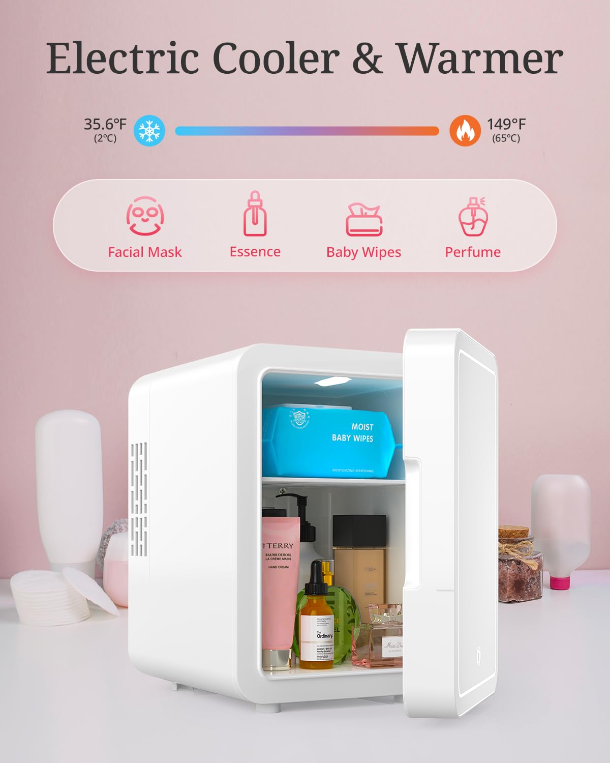 Oterbear 4L Mini Skincare Fridge, Makeup Fridge with Dimmable LED Light Mirror, Cooler and Warmer, Cosmetic Refrigerator for Bedroom, Office, Dorm and Car, White