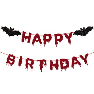 red glittery happy birthday halloween banner, simple suspension halloween birthday party supplies horror themed birthday decorations, bat vampire halloween party scary horror party decorations