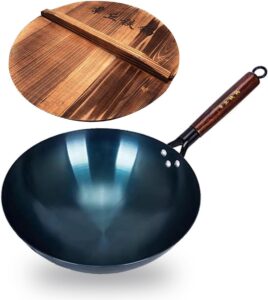 tkradish 13 inch chinese hand hammered iron wok and stir fry pans with wooden handle and lid round bottom wok pan non-stick no coating ideal for home use and gift giving