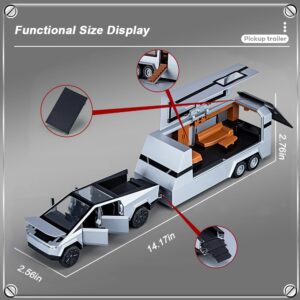 1/32 Diecast Pickup Trailer RV Model Toy Truck with Beach Motorcycle, Alloy Metal Pickup Truck Model Diecast Vehicles with Sound Light Pull Back, Birthday Gifts for Boys Adults (Silver)