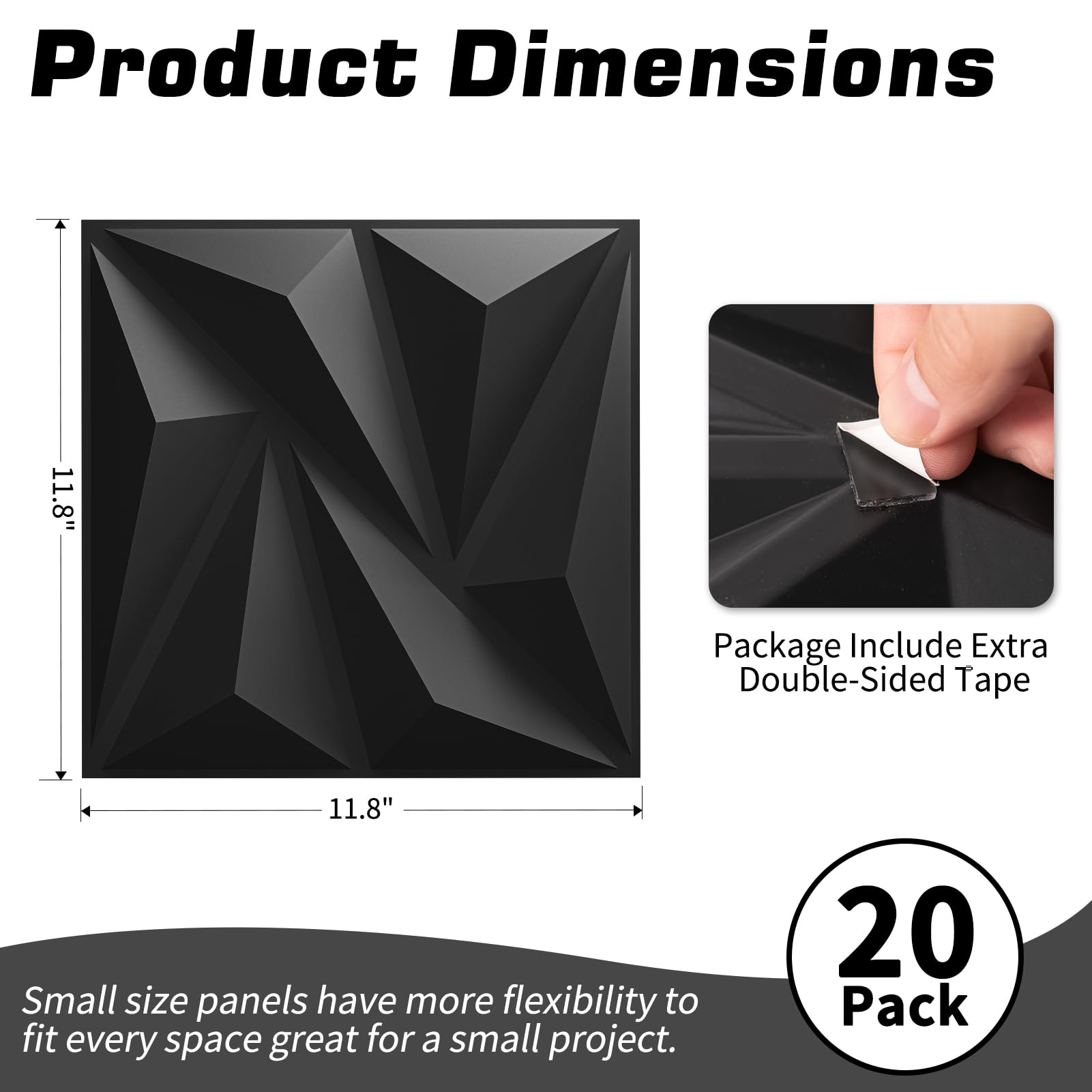 AMZDEPOT 3D Wall Panel for Interior Wall Décor with Tape, PVC Diamond Textured Wall Panels, Accent Wall Panels for Living Room Lobby Bedroom Hotel Office, 12''x12'', 20 Pack, Black