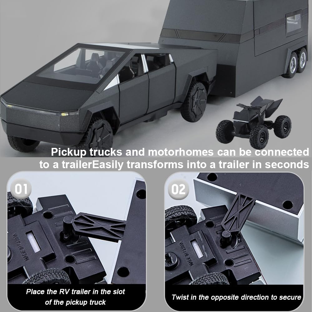 1/32 Diecast Pickup Trailer RV Model Toy Truck with Beach Motorcycle, Alloy Metal Pickup Truck Model Diecast Vehicles with Sound Light Pull Back, Birthday Gifts for Boys Adults (Dark Grey)