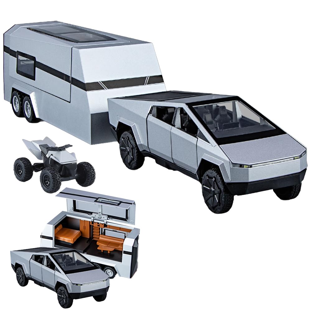 1/32 Diecast Pickup Trailer RV Model Toy Truck with Beach Motorcycle, Alloy Metal Pickup Truck Model Diecast Vehicles with Sound Light Pull Back, Birthday Gifts for Boys Adults (Silver)