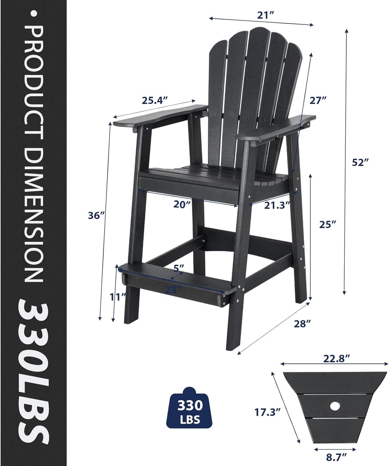 eclife Tall Adirondack Chairs Set of 2, HDPE Adirondack Barstools with Connecting Tray, Outdoor Double Balcony Chairs, Weather Resistant for Patio, Poolside, Backyard, Black