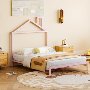 Bellemave Metal Full Bed for Kids, Girls Bed with House Shaped Headboard and Chiminey, Low Bed Frame with and Slats,Pink Bed Frame Full Size,No Box Spring Needed, Easy Assembly