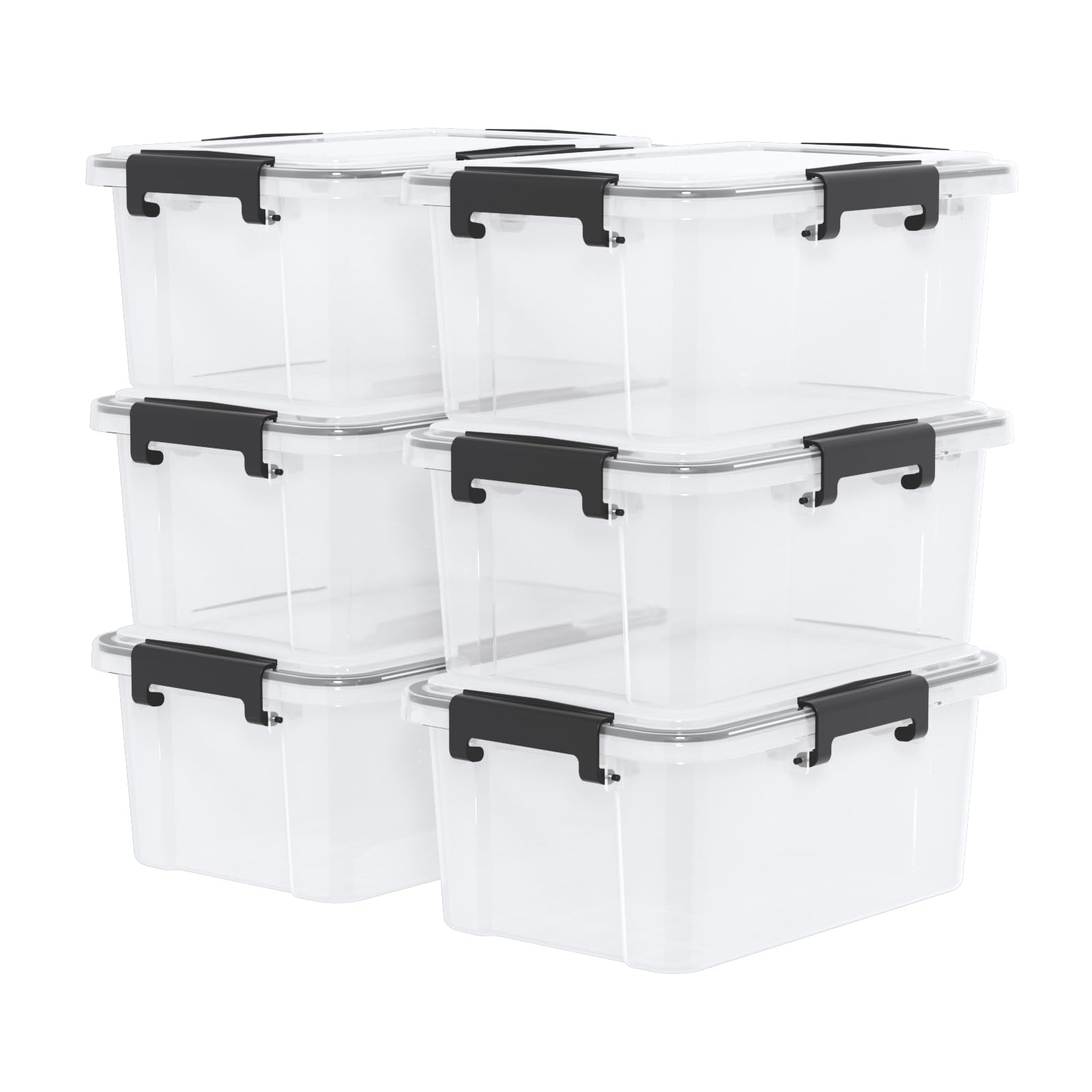 Callyne 12 Quart Clear Plastic Storage Box with Gasket Seal Lid, Set of 6 Stackable Plastic Storage Bins with Secure Latching Buckles