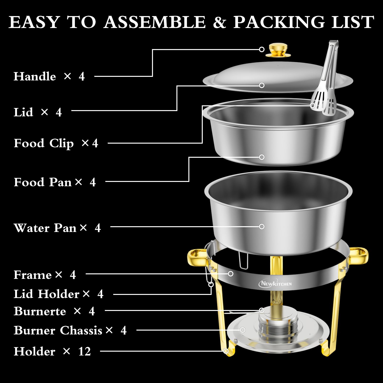 Chafing Dishes for Buffet 4 Pack, 6QT Round Chafing Dishes for Buffet [Elegant Gold and Silver Colors] Stainless Steel Chafing Dish Buffet Set for Any Party