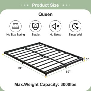 Fly-CTsoar 3 Inch Low Queen Bed Frame Heavy Duty Metal Platform, No Box Spring Needed, Easy Assembly Mattress Foundation, No Noise, Black