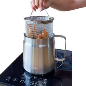 saltlas deep fryer pot with basket and oil strainer, 304 stainless steel deep frying pot for french fries, chicken, or japanese tempura, 2l (2qt)