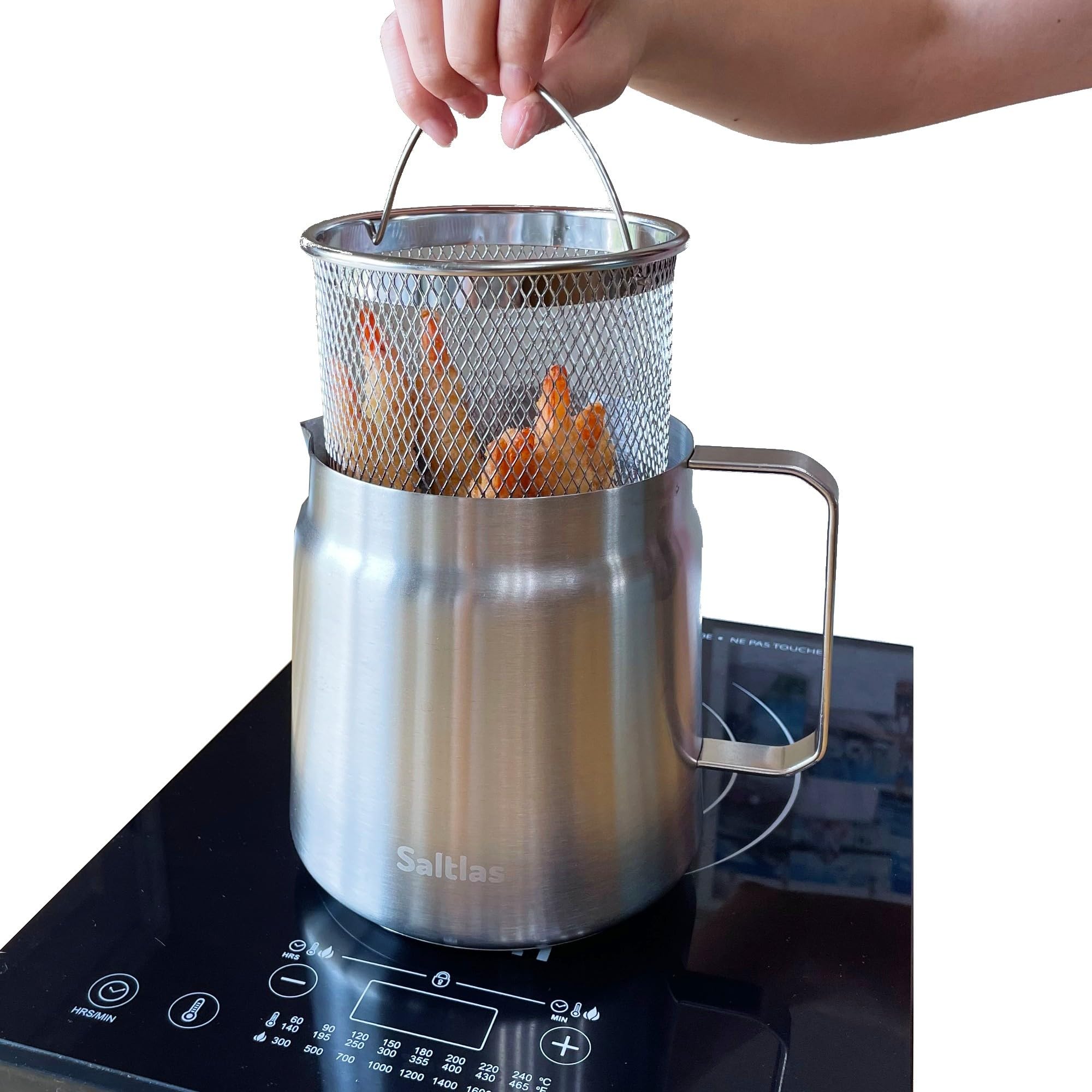 Saltlas Deep Fryer Pot with Basket and Oil Strainer, 304 Stainless Steel Deep Frying Pot for French Fries, Chicken, or Japanese Tempura, 2L (2Qt)