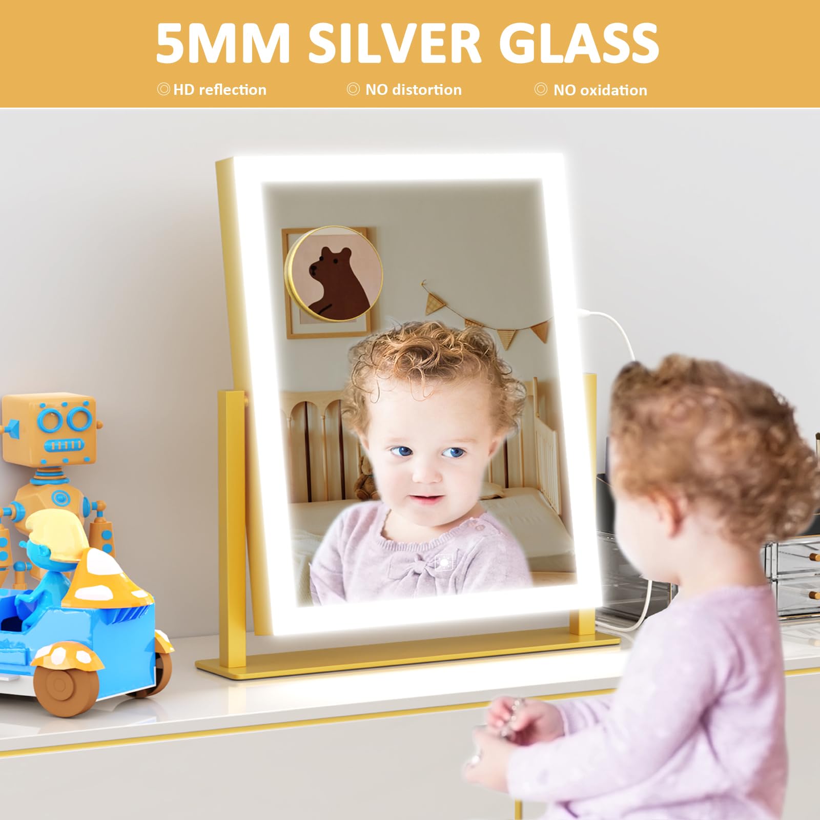 Gvnkvn Lighted Makeup Mirror, Hollywood Vanity Mirror with Lights, Three Color Lighting Modes, and Detachable 10X Magnification Mirror, Smart Touch Control, 360°Rotation (15.2in.)