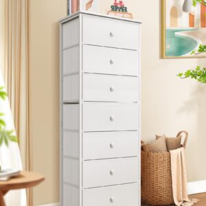 Tall Fabric Dresser for Bedroom, Vertical Storage Organizer Tower with 7 Drawers, Chest of Drawers with Bins, Steel Frame, Wood Top for Bedroom, Closet, Entryway White