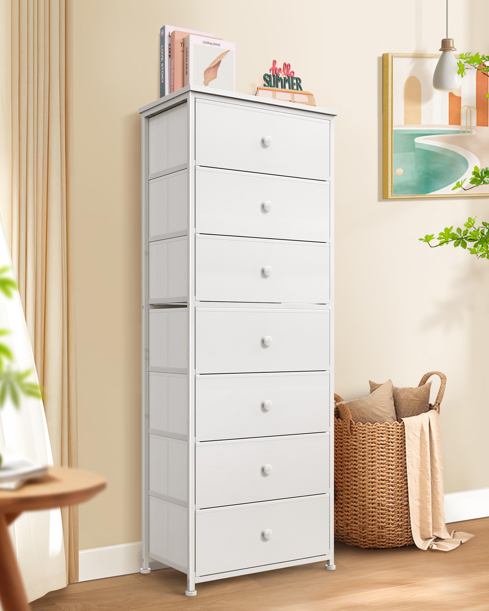 Tall Fabric Dresser for Bedroom, Vertical Storage Organizer Tower with 7 Drawers, Chest of Drawers with Bins, Steel Frame, Wood Top for Bedroom, Closet, Entryway White