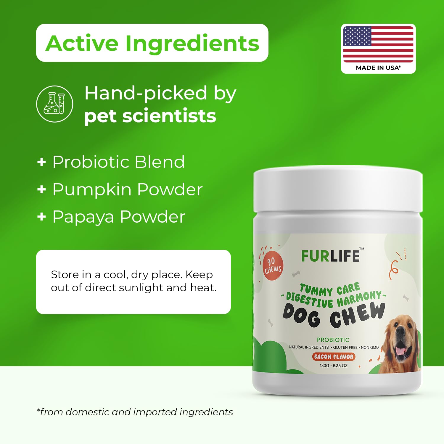 FurLife - Probiotics for Dogs - Digestive Enzymes for Gut Flora, Digestive Health, Diarrhea & Bowel Support - Supplement Soft Chew for Pet Immune System - Bacon - 90 Chews