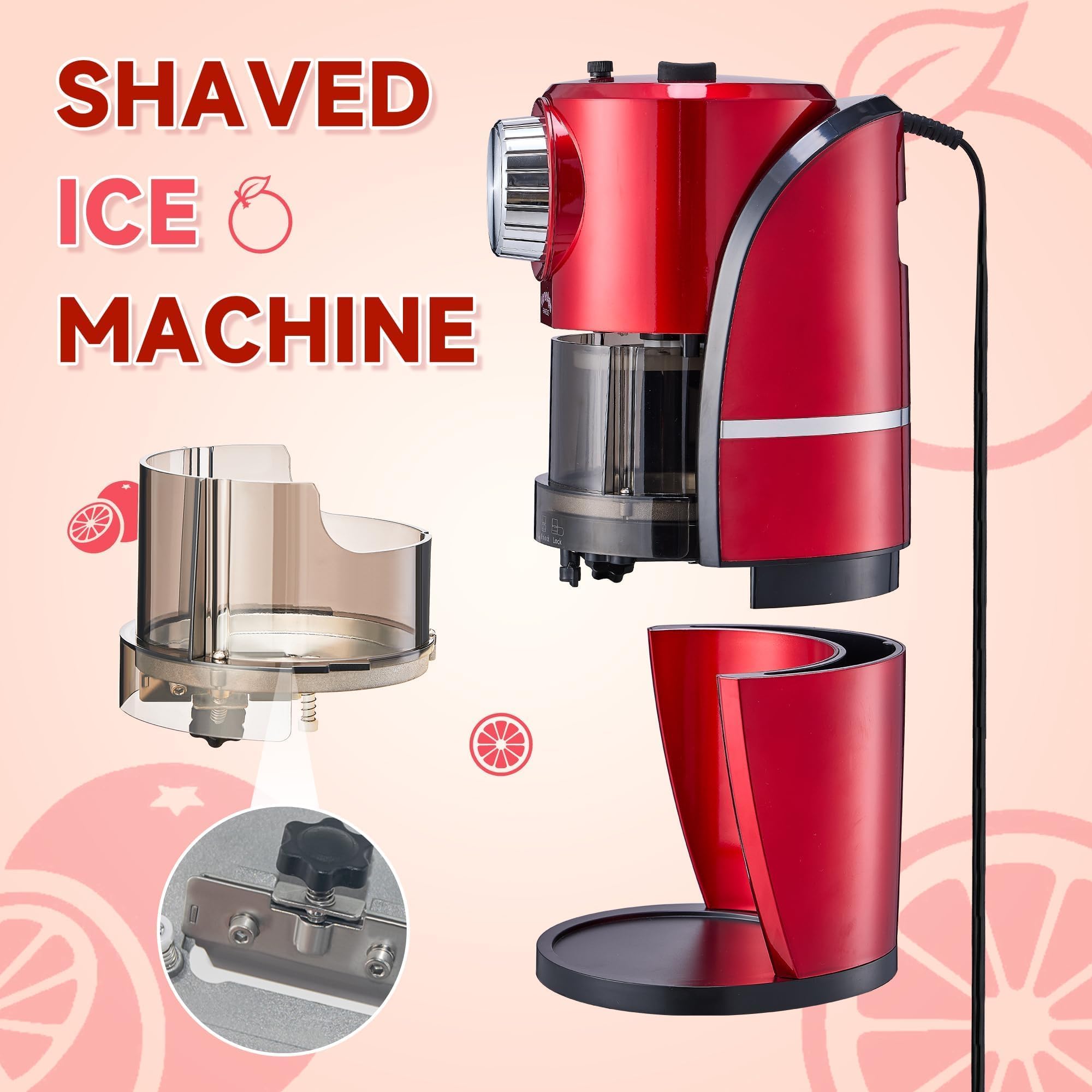 Wanvoapls Shaved Ice Machine - Snow Cone Machine for Homemade Shaved Ice, Snow Cones, Slushie Ice Shaver With Stainless Steel Blade Adjustment Knob, 2 Reusable Ice Mold Cup for snowflakes - Retro Red