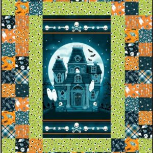 Henry Glass Welcome Foolish Mortals 24.5" Haunted House Panel Glow in The Dark Dark Teal, Fabric by The Panel