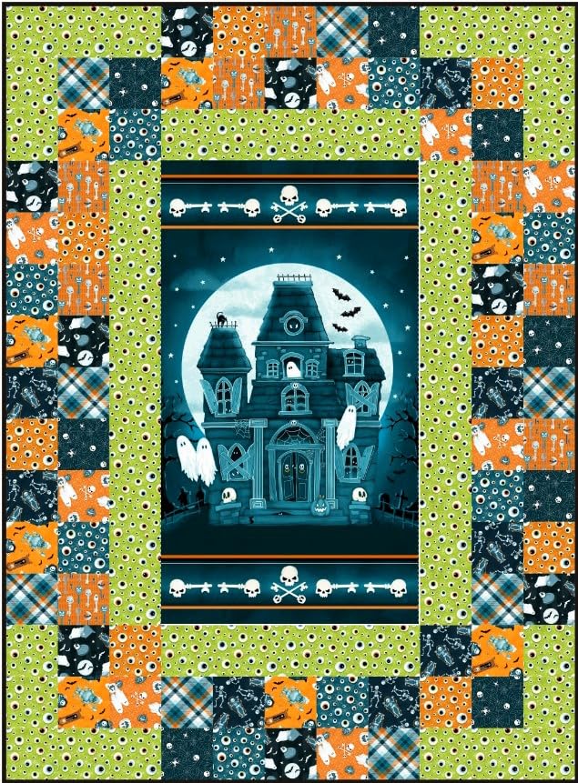 Henry Glass Welcome Foolish Mortals 24.5" Haunted House Panel Glow in The Dark Dark Teal, Fabric by The Panel