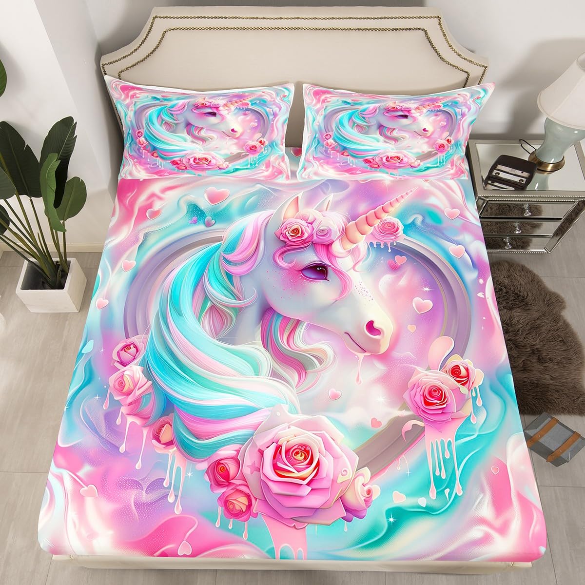 Unicorn Twin Size Bedding Sets 3 PCS Kids Cartoon Unicorn Fitted Sheet for Girls Bedroom Pink Unicorn Rose Bed Set with 1 Pillowcase,Rainbow Deep Pocket+1 Flat Sheet