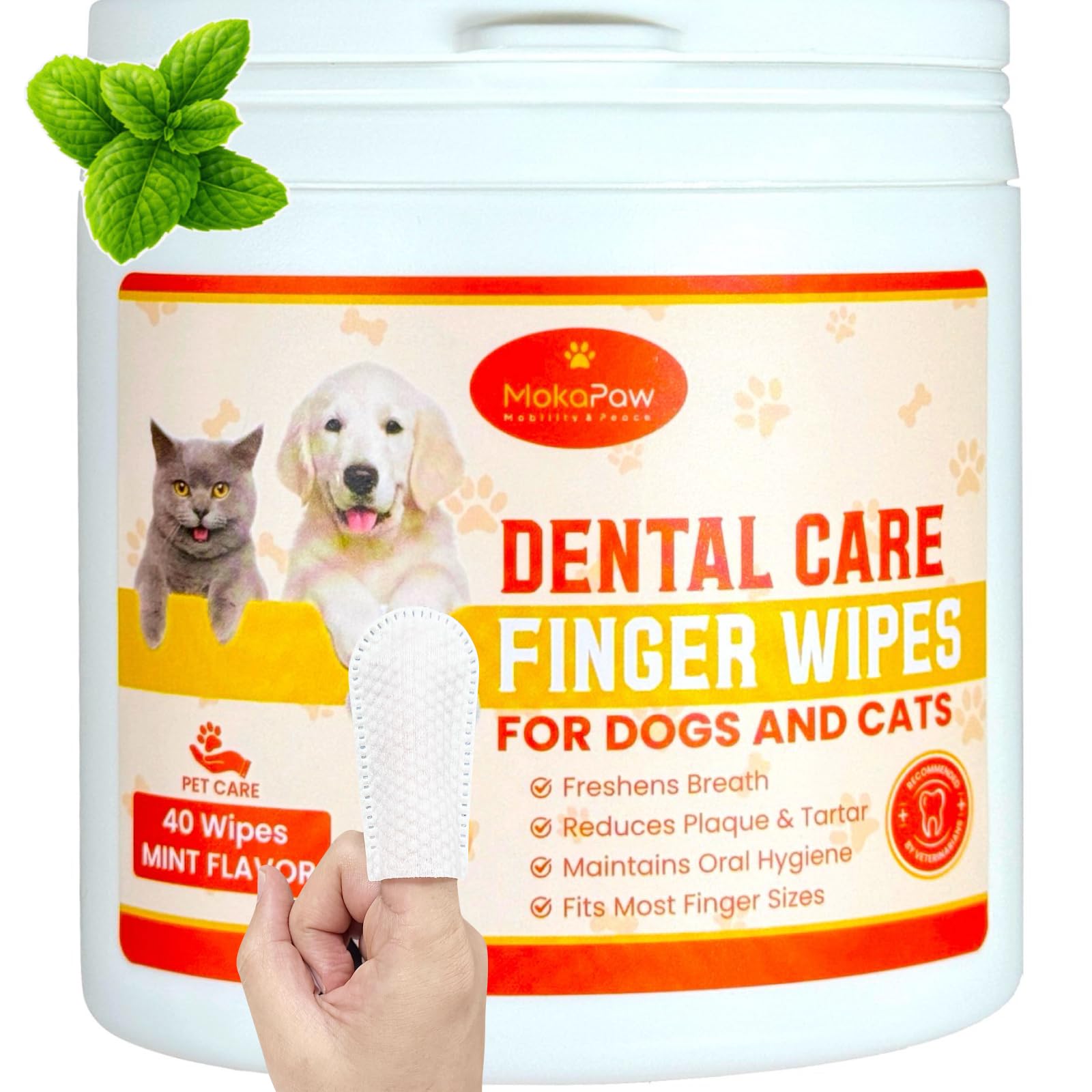 MokaPaw Dog Teeth Cleaning Wipes - Dog Tooth Wipes - Dental Wipes for Dogs Teeth - Cat Teeth Cleaning Wipes - Dog Teeth Wipes - Pet Dental Finger Wipes for Dogs and Cats - 40 Count