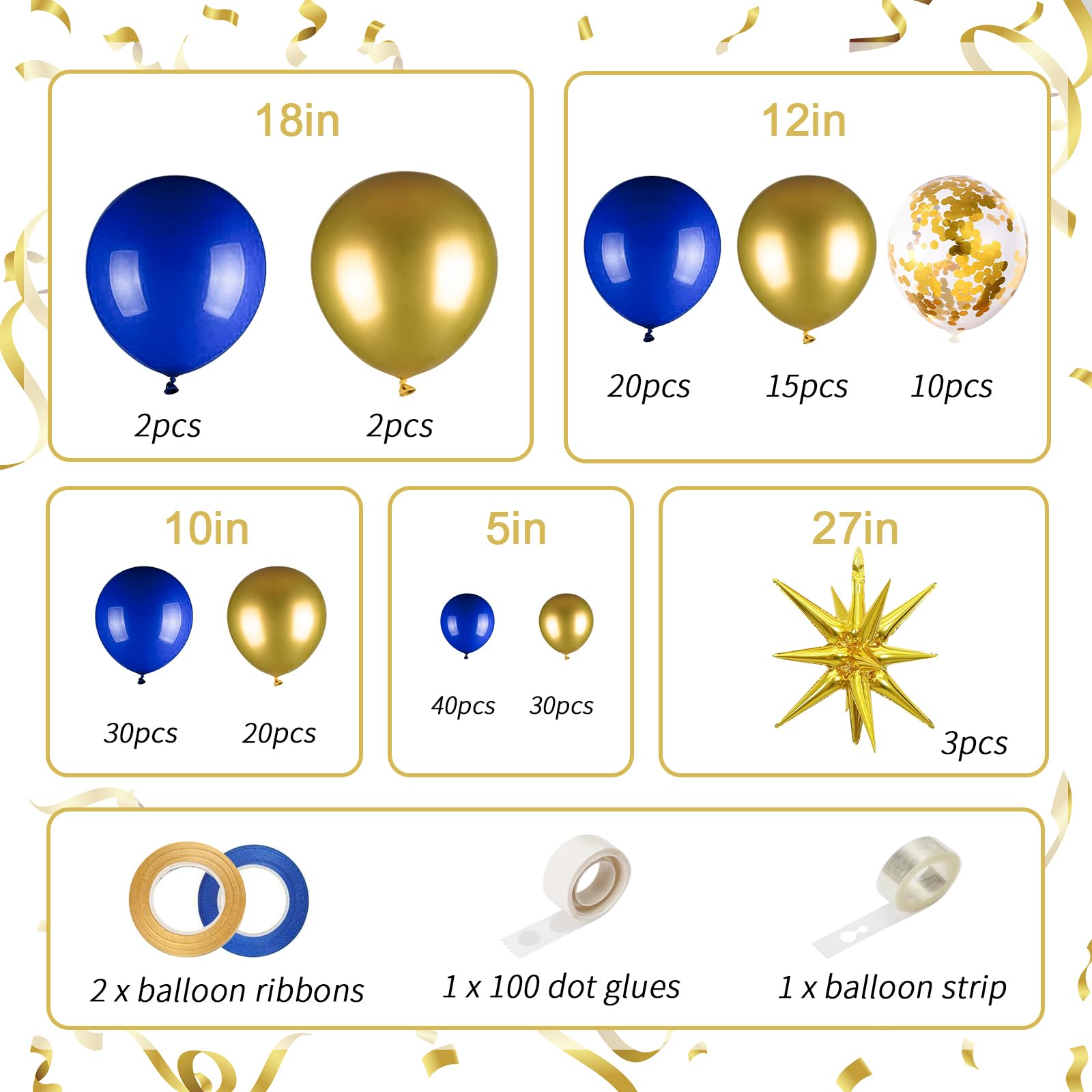 176 Pack Royal Blue Gold Balloons Garland Arch Kit with 3pcs 27 Inch Big Foil Starburst Balloons,Blue and Gold Confetti Balloons for Birthday Graduation New Year Decoration