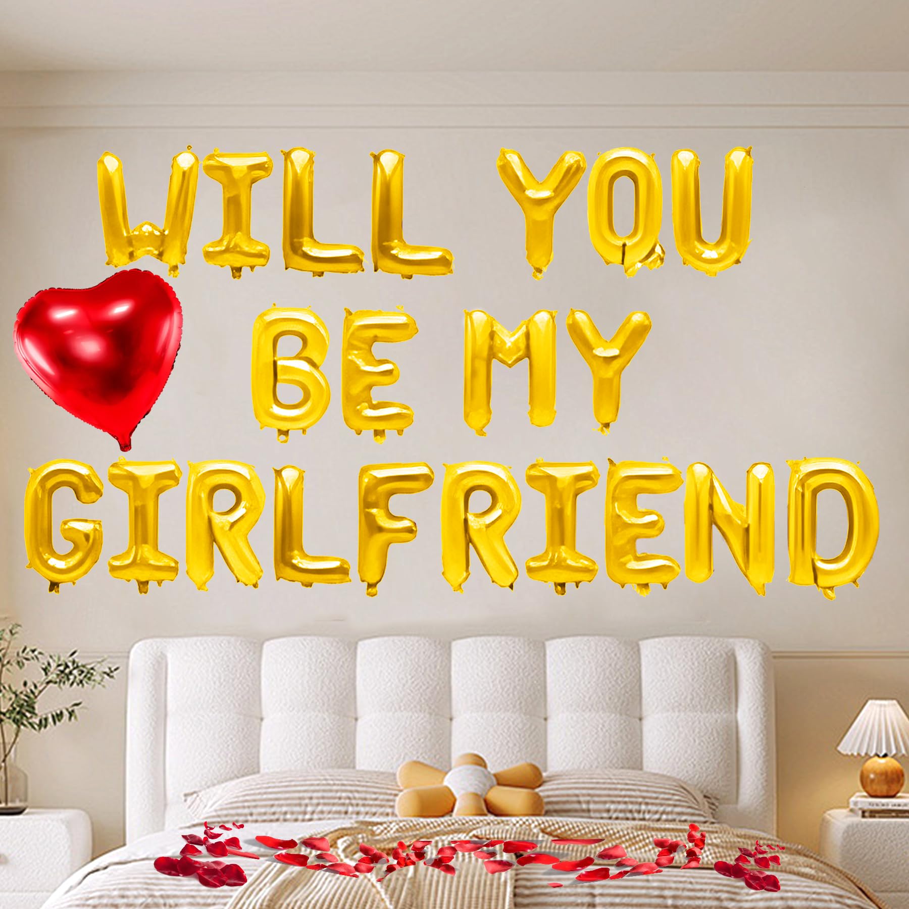 Will You Be My Girlfriend Balloons - 16'' Balloon Letters, Alphabet Foil Mylar Balloon with 200pcs Artificial Rose Petals for Valentine Day Decorations (Will You Be My Girlfriend Balloons Gold)