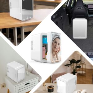 Oterbear 4L Mini Skincare Fridge, Makeup Fridge with Dimmable LED Light Mirror, Cooler and Warmer, Cosmetic Refrigerator for Bedroom, Office, Dorm and Car, White