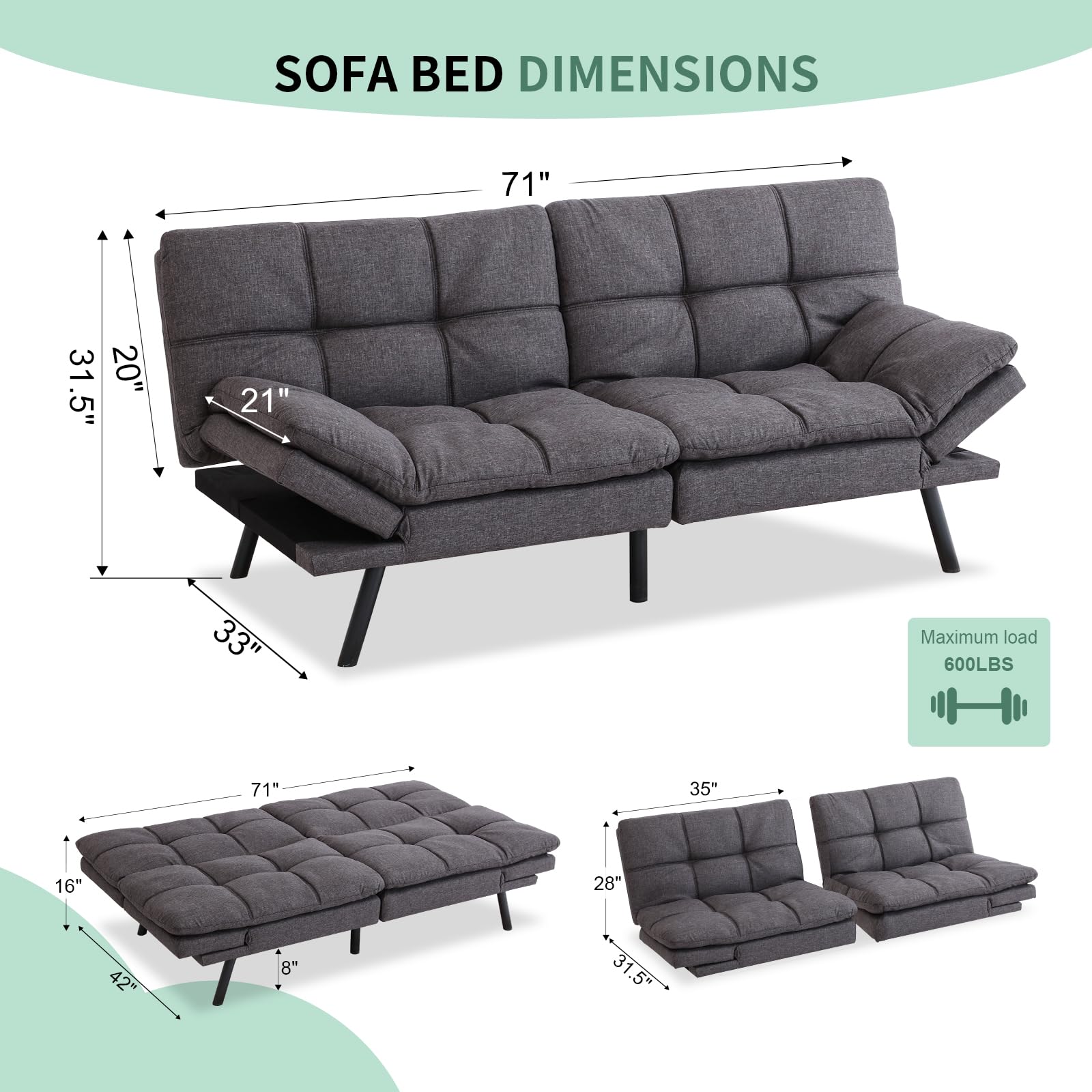 MUUEGM Futon Sofa Bed,Futon Couch,Memory Foam Futon Sofa,Convertible Sofa Bed for Compact Living Spaces,Apartment,Office,Sofa Bed Couch,71"*33"*31.5",Dark Gray Fabric