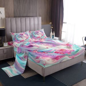 unicorn twin size bedding sets 3 pcs kids cartoon unicorn fitted sheet for girls bedroom pink unicorn rose bed set with 1 pillowcase,rainbow deep pocket+1 flat sheet