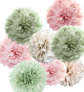 tissue paper pom poms kit -rose pink and sage green paper flowers 12pieces for gender baby shower wedding bridal bachelorette birthday party decorations (green + pink)