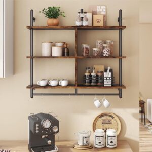 HOLMZCED 3 Tiers Wood Floating Shelving with Hooks, Industrial Wall Mounted Shelf Modern Wall Shelves Hanging Vintage Display Storage Shelf for Living Room Bathroom Bedroom Kitchen Coffee Bar