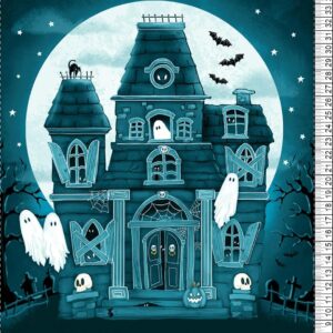 Henry Glass Welcome Foolish Mortals 24.5" Haunted House Panel Glow in The Dark Dark Teal, Fabric by The Panel