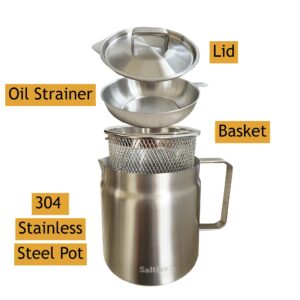 Saltlas Deep Fryer Pot with Basket and Oil Strainer, 304 Stainless Steel Deep Frying Pot for French Fries, Chicken, or Japanese Tempura, 2L (2Qt)