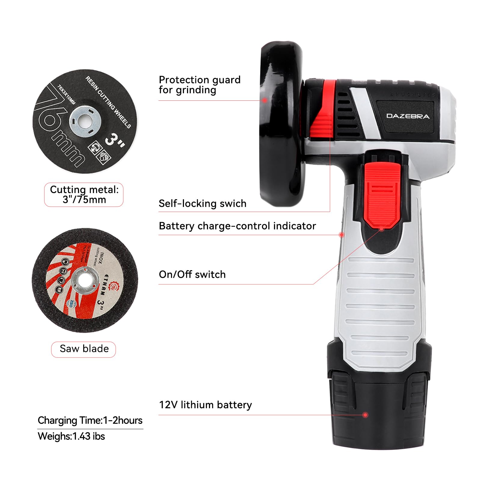 Cordless Angle Grinder, 19500rpm Cordless Grinder with 1pcs 12V 1500mAh Batteries and 3-Cutting Discs Metal Grinder for Metal Stone Wood