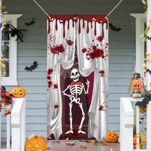 halloween door cover decoration, skeleton scary porch sign hanging banner, 5.9 x 3 ft bloody door cover for indoor outdoor porch front door wall decoration halloween supplies