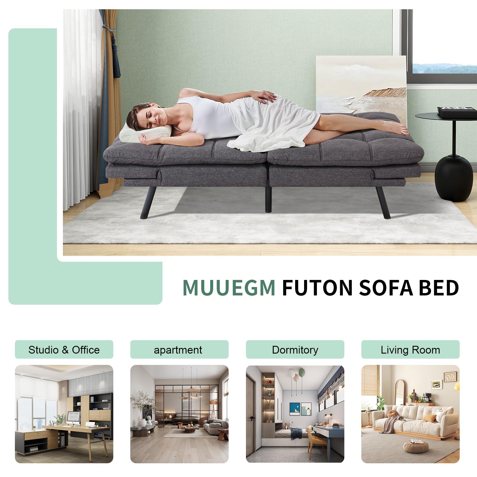 MUUEGM Futon Sofa Bed,Futon Couch,Memory Foam Futon Sofa,Convertible Sofa Bed for Compact Living Spaces,Apartment,Office,Sofa Bed Couch,71"*33"*31.5",Dark Gray Fabric