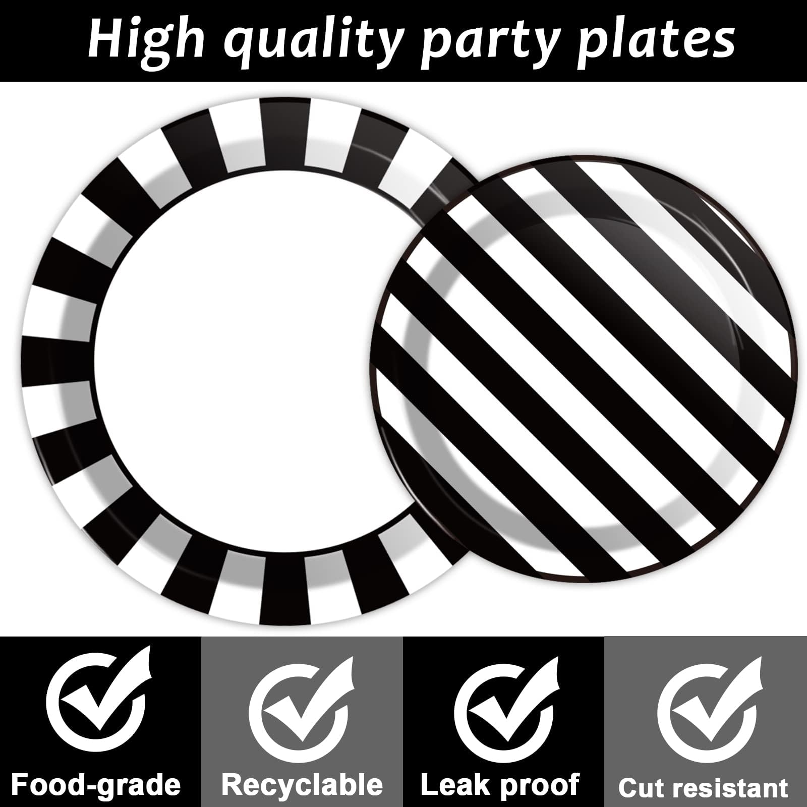 Black and White Party Tableware Set Striped Disposable Dinnerware Black and White Theme Party Decorations Happy Birthday Paper Plates Napkins Forks for Graduation Wedding Party Supplies 50 Guests