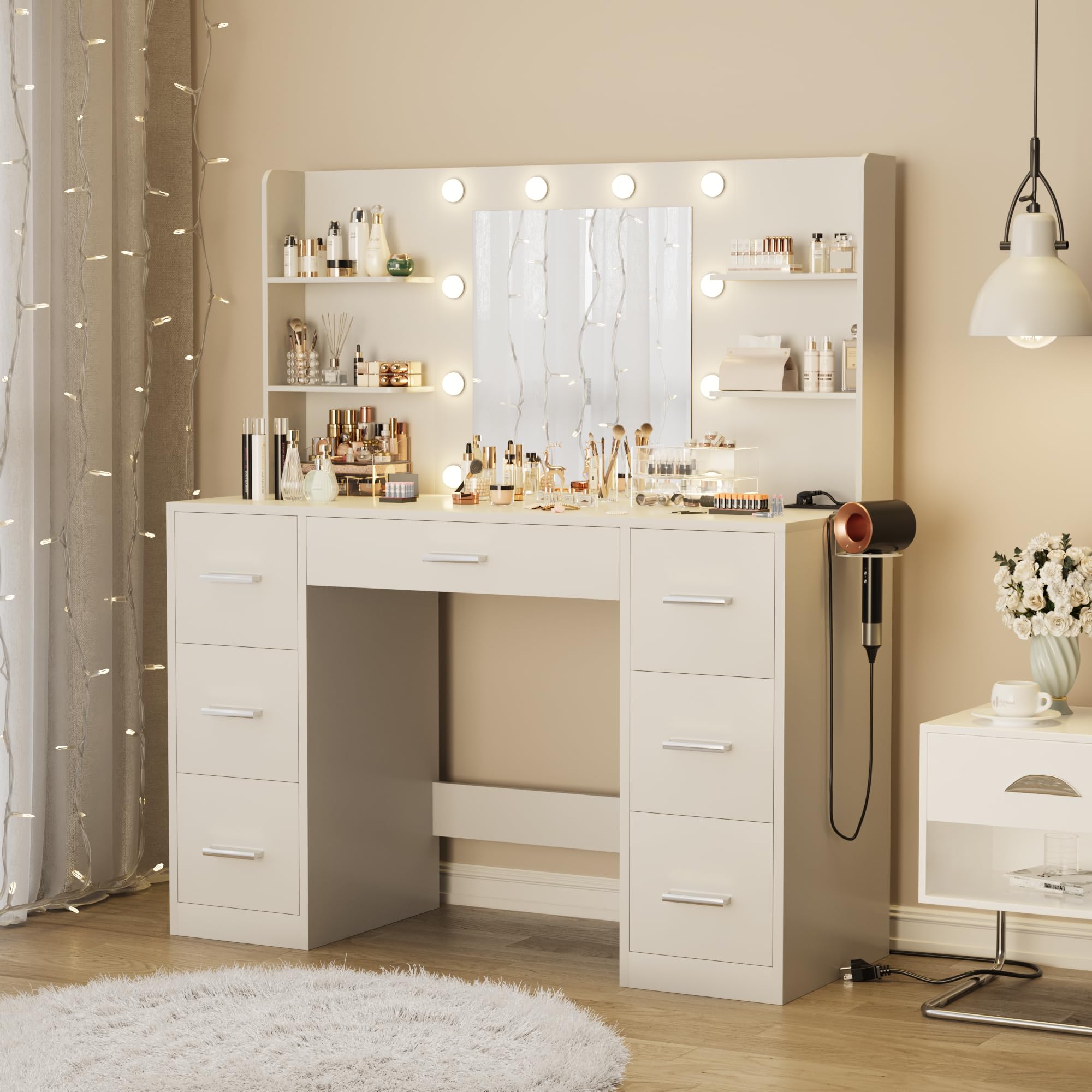 Furmax Vanity Desk with Mirror, LED Lights and Power Outlet Makeup Vanity Table with 7 Drawers and 6 Storage Shelves Dressing Table for Bedroom Dressing Room (White)