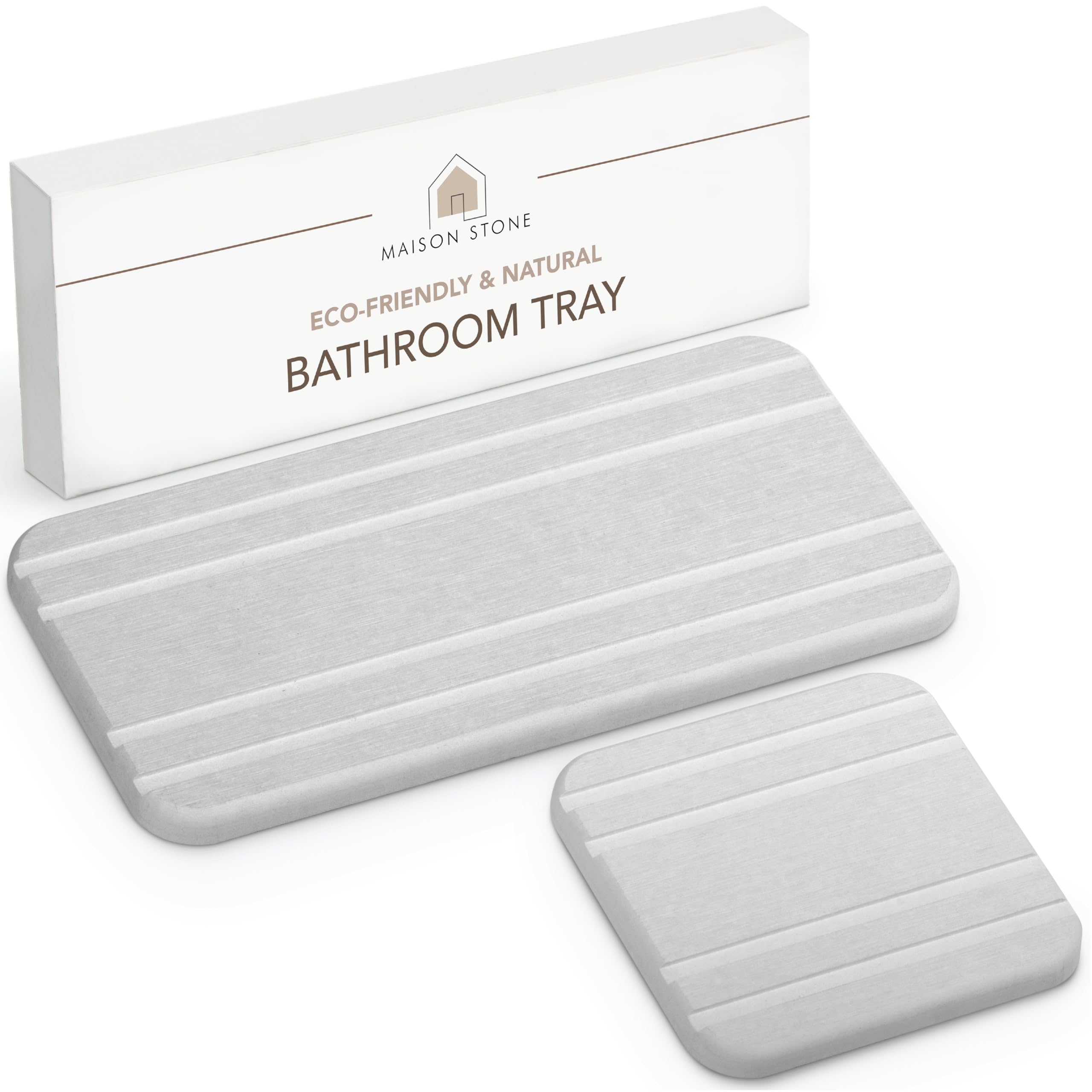 Maison Stone Bathroom Tray w/Bonus Vanity Tray. Absorbent Bathroom Trays for Counter. Multipurpose 8x4 Countertop Tray. Perfume Tray. Kitchen Soap Tray. Time Saving Bathroom Counter Tray.