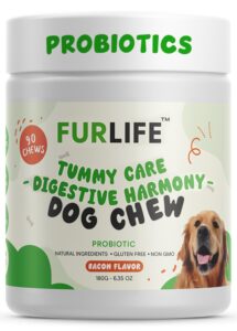 furlife - probiotics for dogs - digestive enzymes for gut flora, digestive health, diarrhea & bowel support - supplement soft chew for pet immune system - bacon - 90 chews