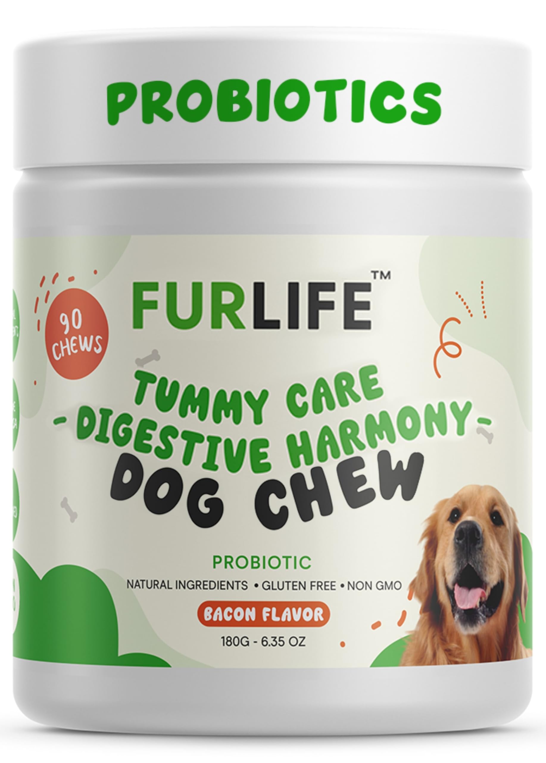 FurLife - Probiotics for Dogs - Digestive Enzymes for Gut Flora, Digestive Health, Diarrhea & Bowel Support - Supplement Soft Chew for Pet Immune System - Bacon - 90 Chews