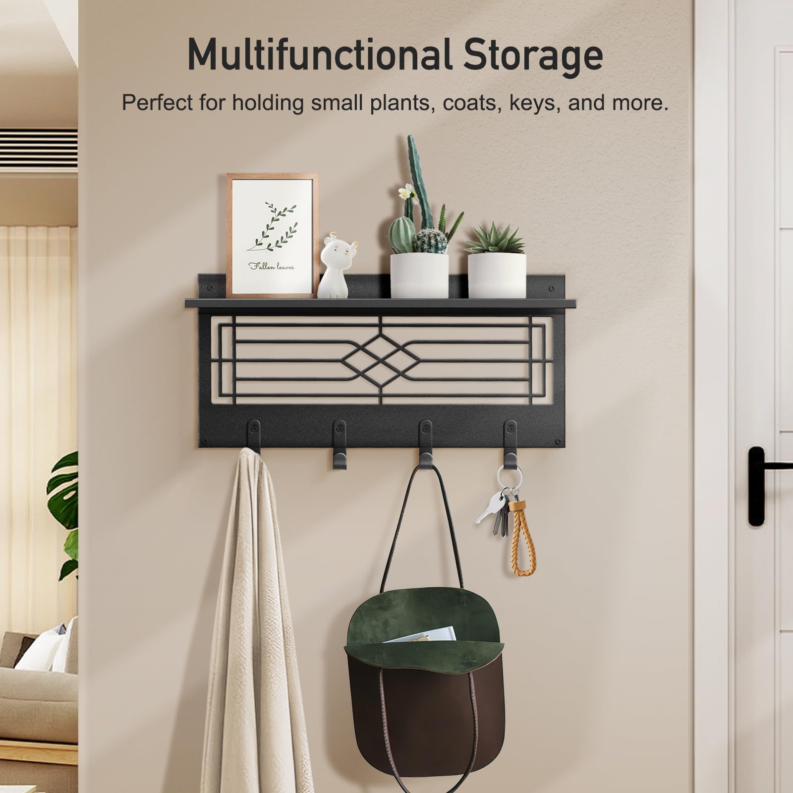 Sokurdeg Black Wall Shelf with Hooks, Coat Rack Wall Mount with Shelf, Wall Key Holder with Shelf, for Entryway Bathroom Bedroom Living Room (16.5”W x 7.8”H x 4”D)