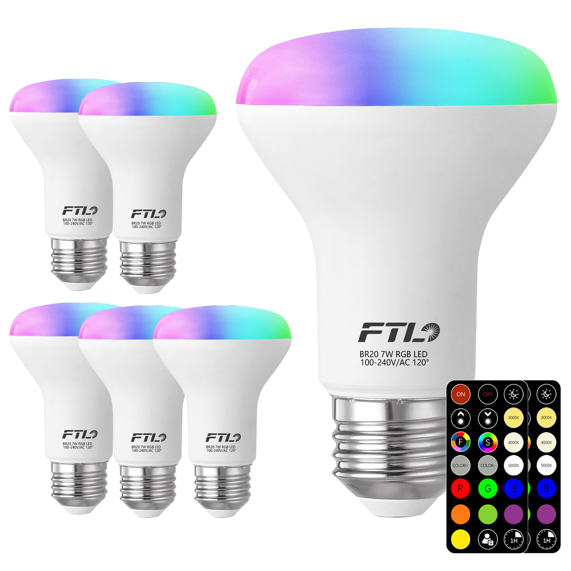 FTL BR20 LED Light Bulbs Color Changing, R20 Dimmable Flood Light Bulbs for Recessed Lighting, 30 Colors,2700K-6000K, Timer, 6-Pack