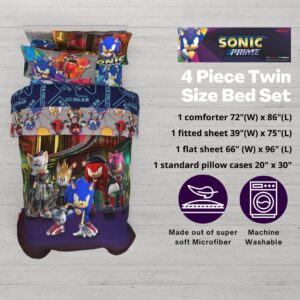 Franco Sonic The Hedgehog Prime Anime Kids Bedding Super Soft Comforter and Sheet Set, 4 Piece Twin Size, (Officially Licensed Product)