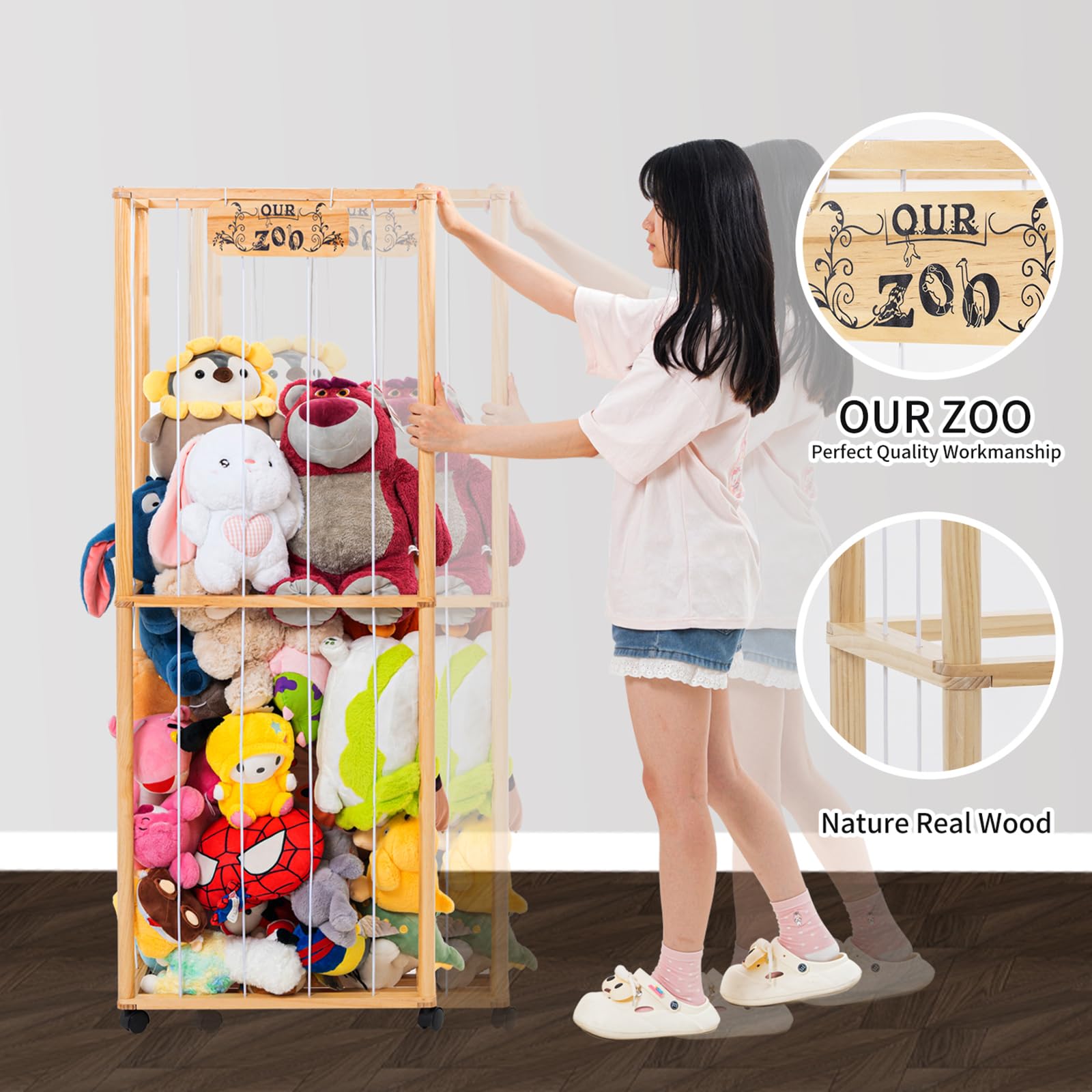 ear&ear Stuffed Animal Zoo Storage, Wood Extra Large Stuffed Animal Storage Basket, Stuffed Animal Organizer, Girls Boys Toy Organizer Holder(Comes with pulleys/wooden base)