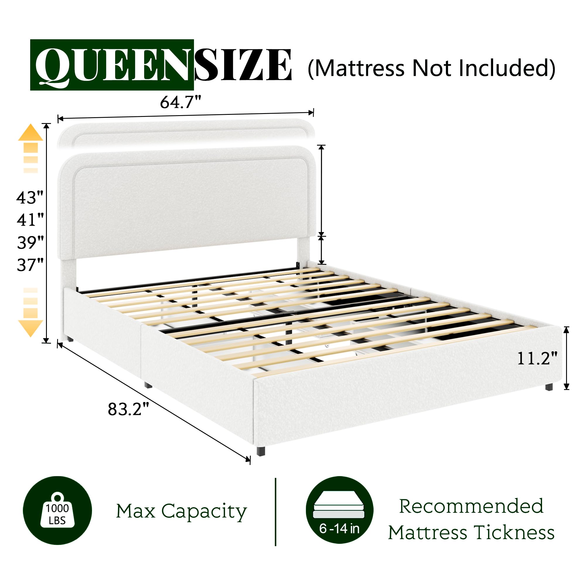 Dolonm Queen Size Upholstered Bed Frame, Platform Bed with Patented 2 Drawers Storage and Headboard, Mattress Foundation with Wooden Slats Support, Ivory Boucle