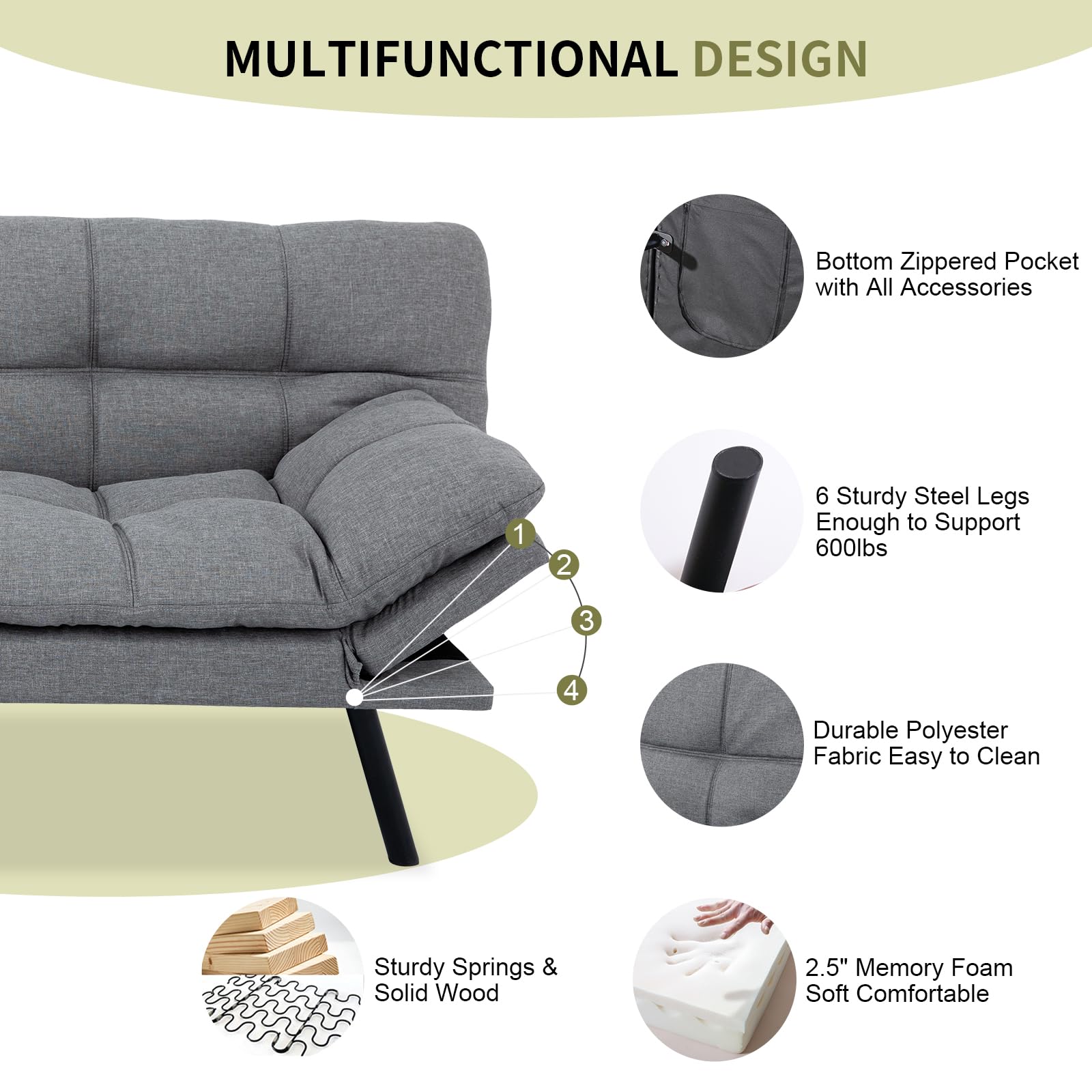 MUUEGM Futon Sofa Bed,Futon Bed,Memory Foam Futon Sofa,Convertible Sofa Bed for Compact Living Spaces,Apartment,Studio,Office,Futon Sofa,71"*33"*31.5",Light Gray Fabric