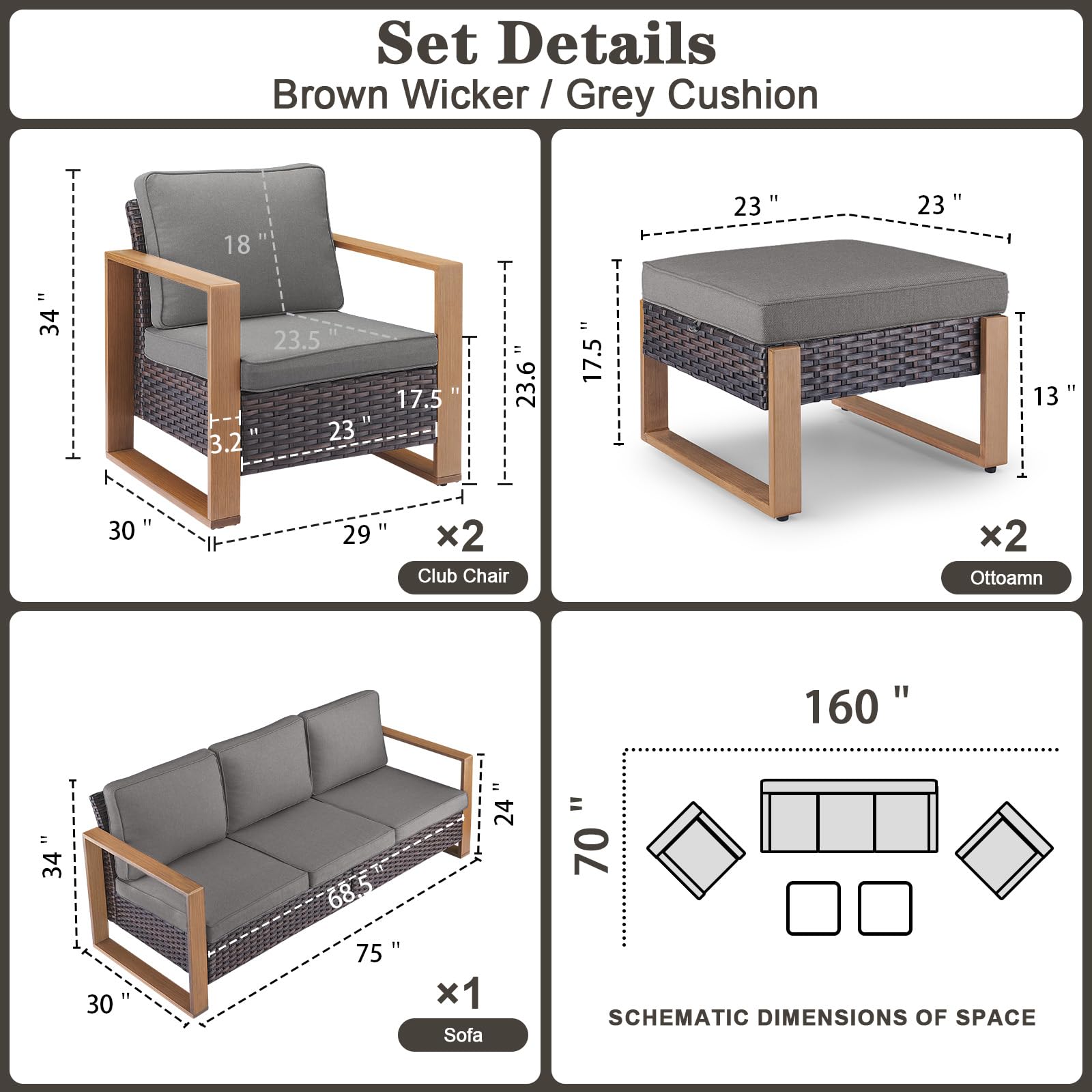 Belord 5 Piece Outdoor Wicker Patio Conversation Furniture Set Deep Seating, Metal Wide Armrests Patio Sofa Set with Rattan Chairs Ottomans for Porch Deck Sunroom Backyard