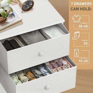 Tall Fabric Dresser for Bedroom, Vertical Storage Organizer Tower with 7 Drawers, Chest of Drawers with Bins, Steel Frame, Wood Top for Bedroom, Closet, Entryway White