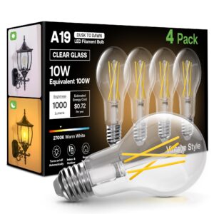 eastiya dusk to dawn outdoor led light bulb, 10w equivalent 100w, a19 led light bulb, e26 base 2700k soft white, 1000lm, edison vintage filament, photocell sensor, outdoor lighting, 4 pack