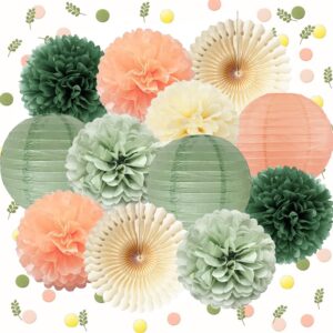 sage green and peach party decorations olive green sage cream peach tissue paper pom poms lanterns confetti dots scatter table decoration for bridal shower wedding engagement birthday party decoration